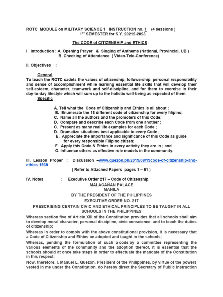 ROTC Citizenship and Ethics Module | PDF | Citizenship | Virtue