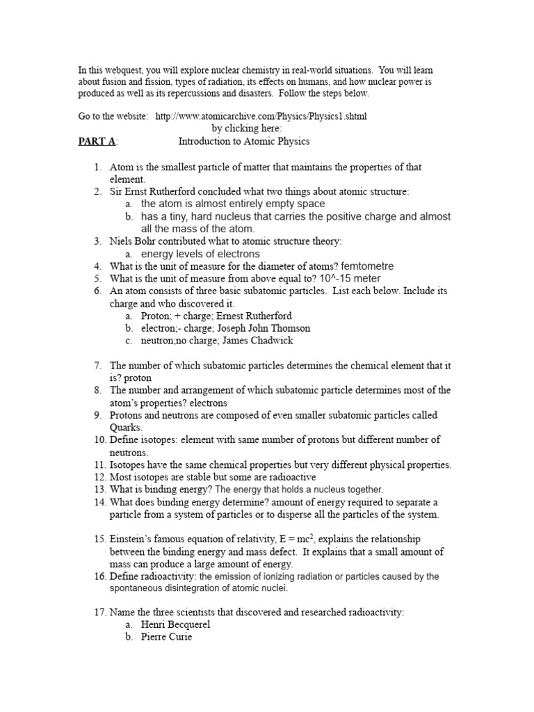 Chemistry - Nuclear - Physics - Webquest | PDF | Neutron | Radioactive ...