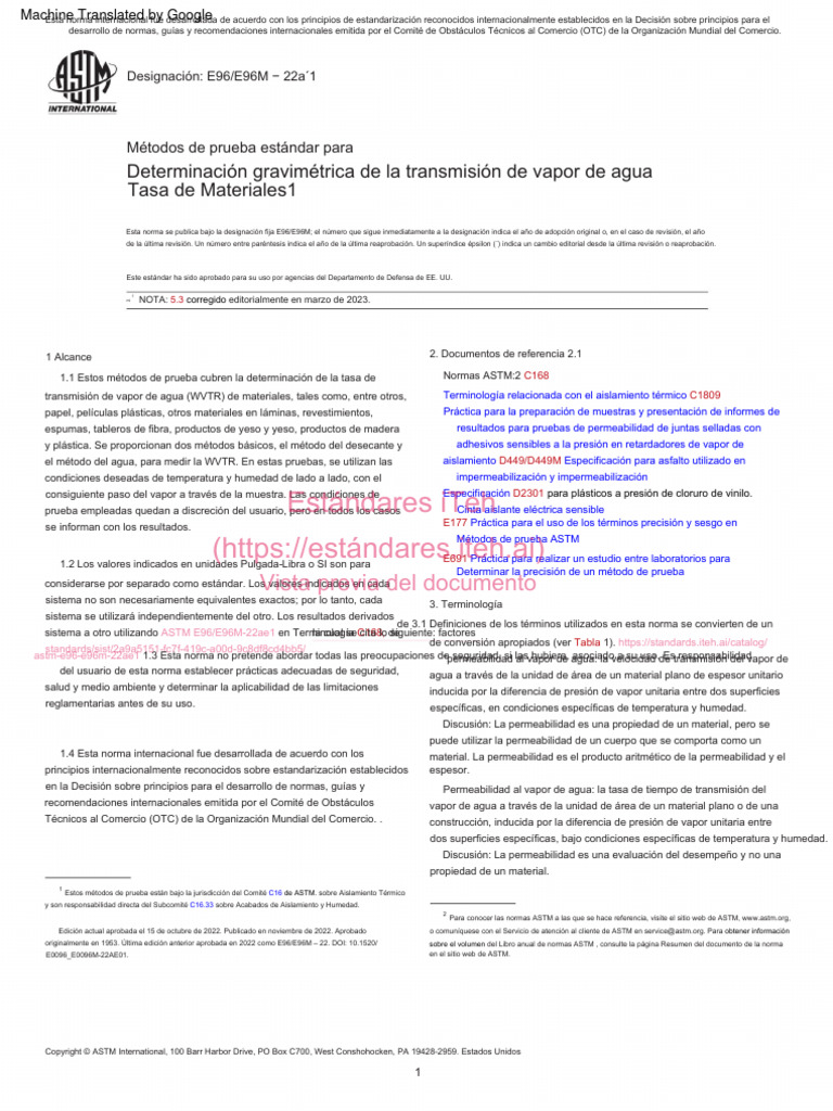 ASTM-E96-E96M-22ae1. Transmisión de Vapor Gravimetrico. ESPAÑOL | PDF ...