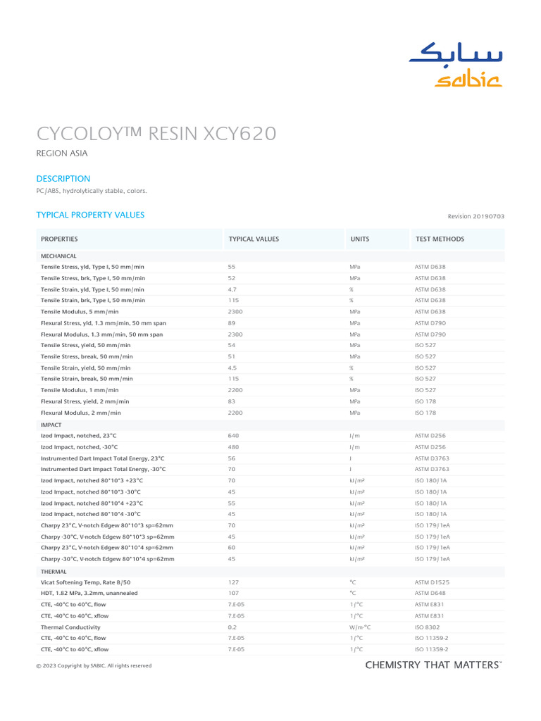 CYCOLOY™ Resin - XCY620 - Asia - Technical - Data - Sheet | PDF | Young's Modulus | Pascal (Unit)