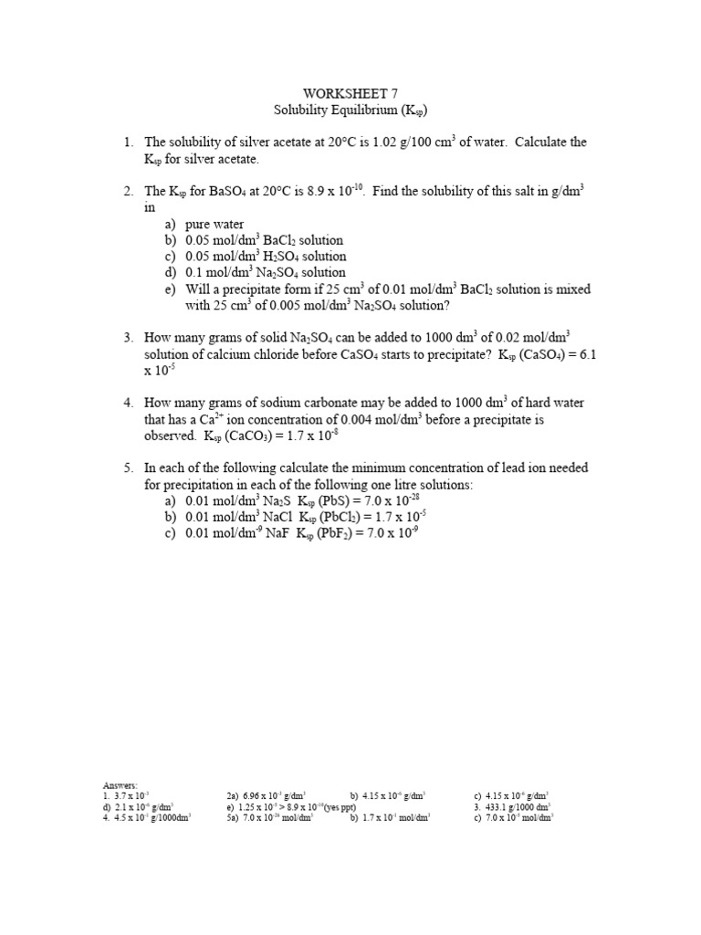 Worksheet 7 - Solubility Equilibrium | PDF