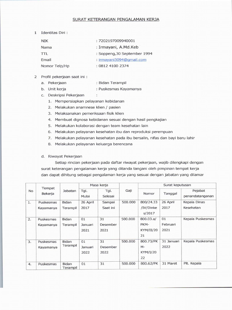 Pengalaman Kerja Irma | PDF