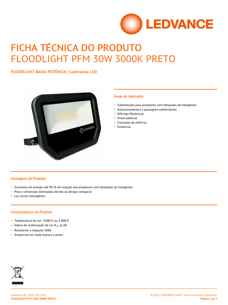 Floodlight PFM 30W 3000K: Ficha Técnica | PDF | Engenharia Elétrica ...