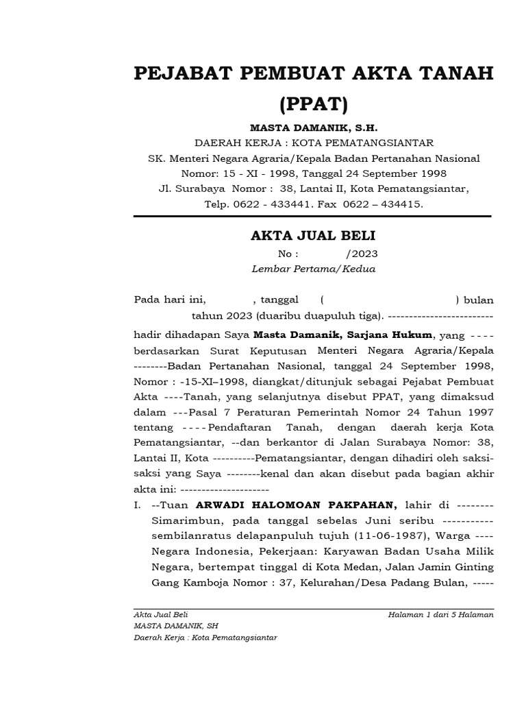 Akta Jual Beli Tanah di Pematangsiantar | PDF | Pengelolaan Keuangan & Uang