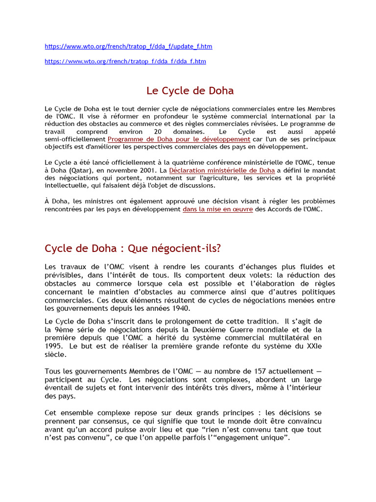 Cycle de Doha : Négociations et enjeux | PDF | Organisation mondiale du ...