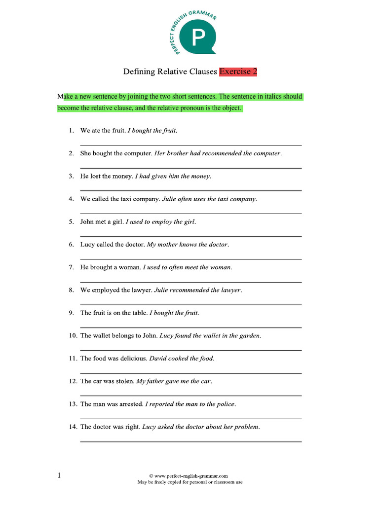 Relative Clauses Exercise 2 | PDF