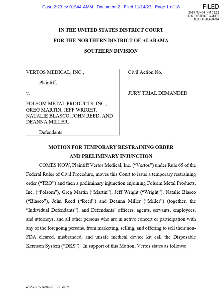Vertos Medical vs. Folsom: TRO Motion | PDF | Injunction | Legal Remedy
