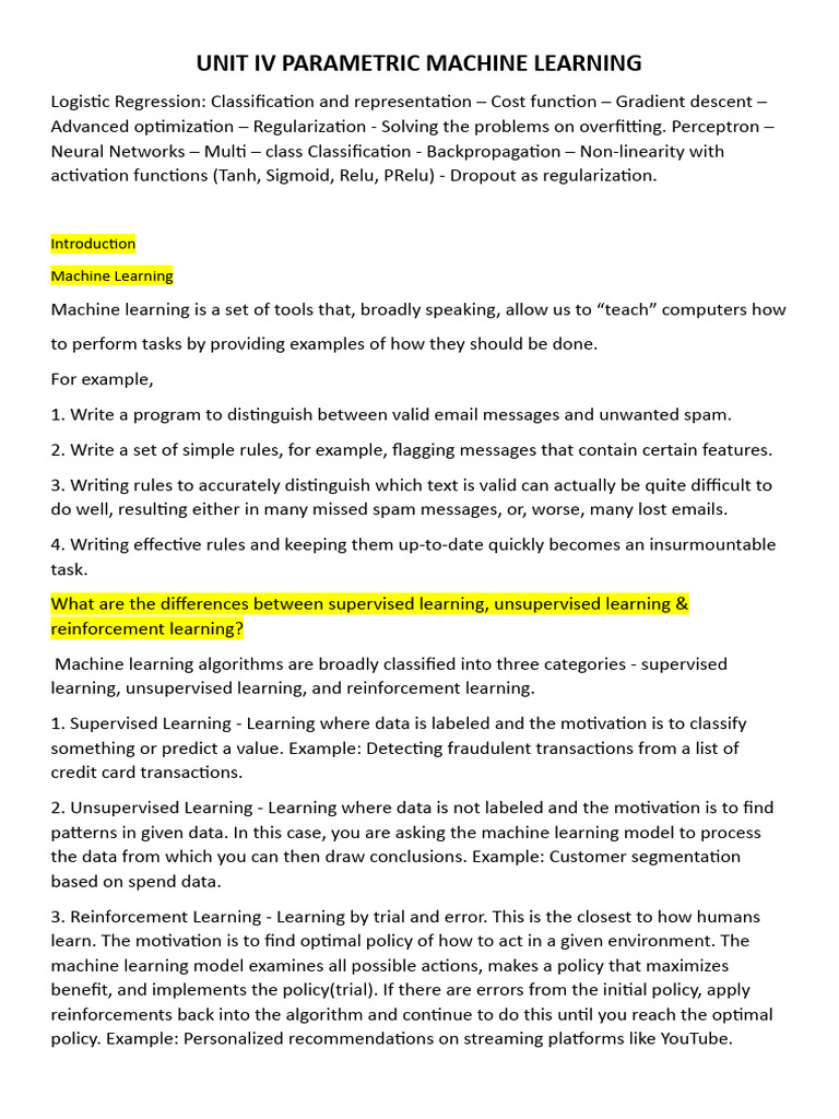 Unit Iv Parametric Machine Learning | PDF | Machine Learning ...