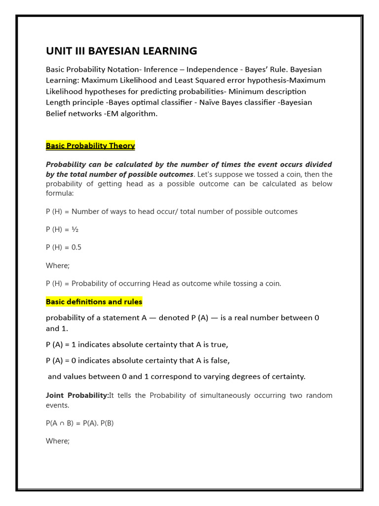 Unit Iii Bayesian Learning | Download Free PDF | Bayesian Inference | Statistical Inference
