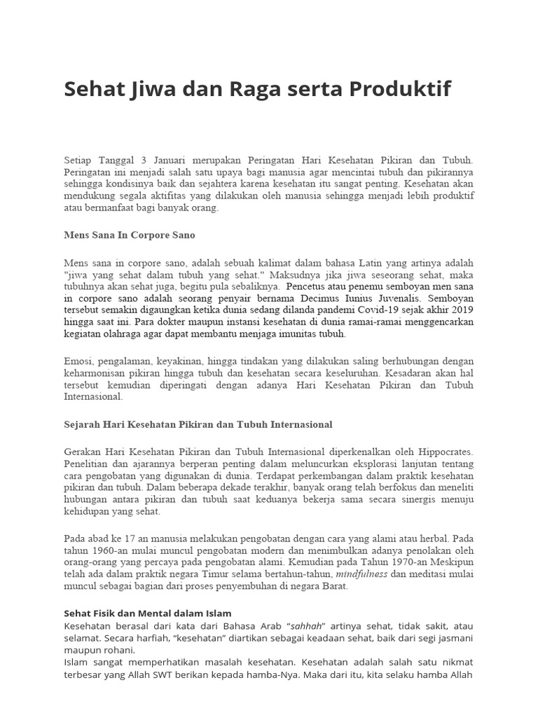 Materi Sehat Jiwa Dan Raga Serta Produktif | PDF