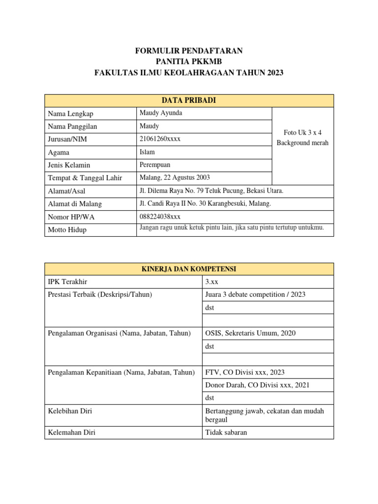 jCAFcReWQd2MfQBkRubf - Formulir Pendaftaran Panitia PKKMB 23-1 | PDF