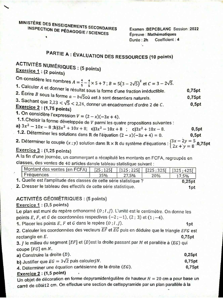 Epreuve Zero de Mathematiques - Bepc Session 2022 Cameroun | PDF