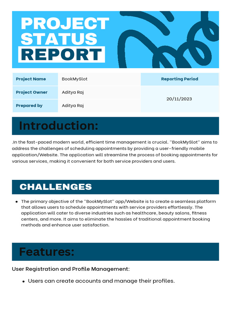 Project Status Report Professional Doc in Dark Blue Light Blue Playful ...