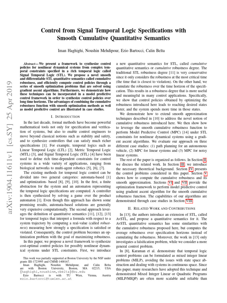 Control From Signal Temporal Logic Specifications With | PDF | Mathematical Optimization ...