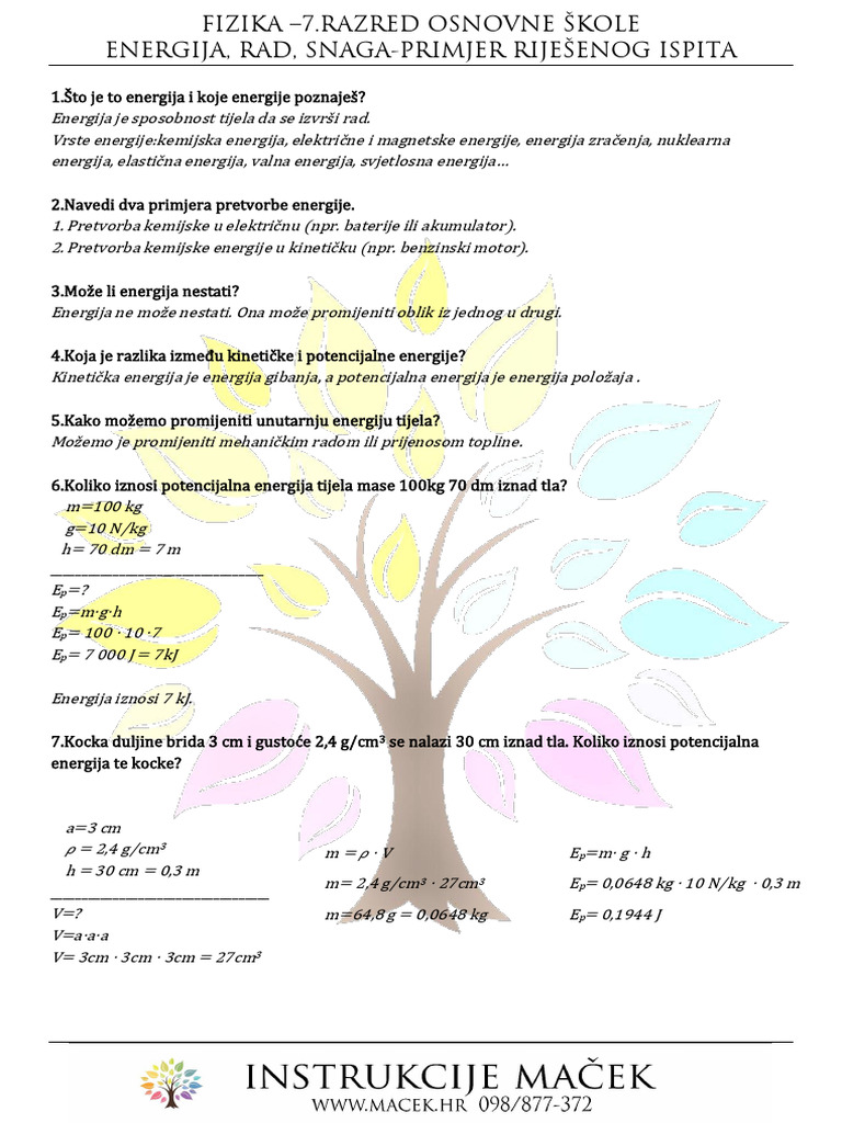 Fizika 7 Razred Energija Rad Snaga Rijeseni Instrukcije Macek | PDF