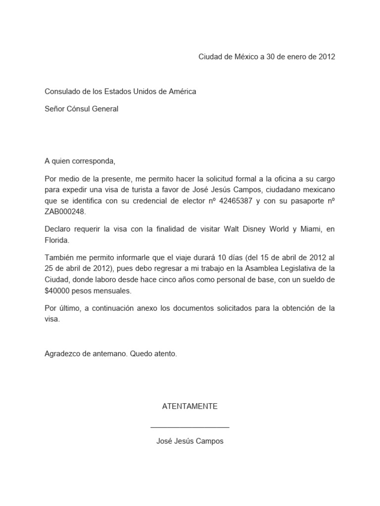 Modelo de Carta para Solicitar La Visa | PDF | Ciencias sociales | Derecho