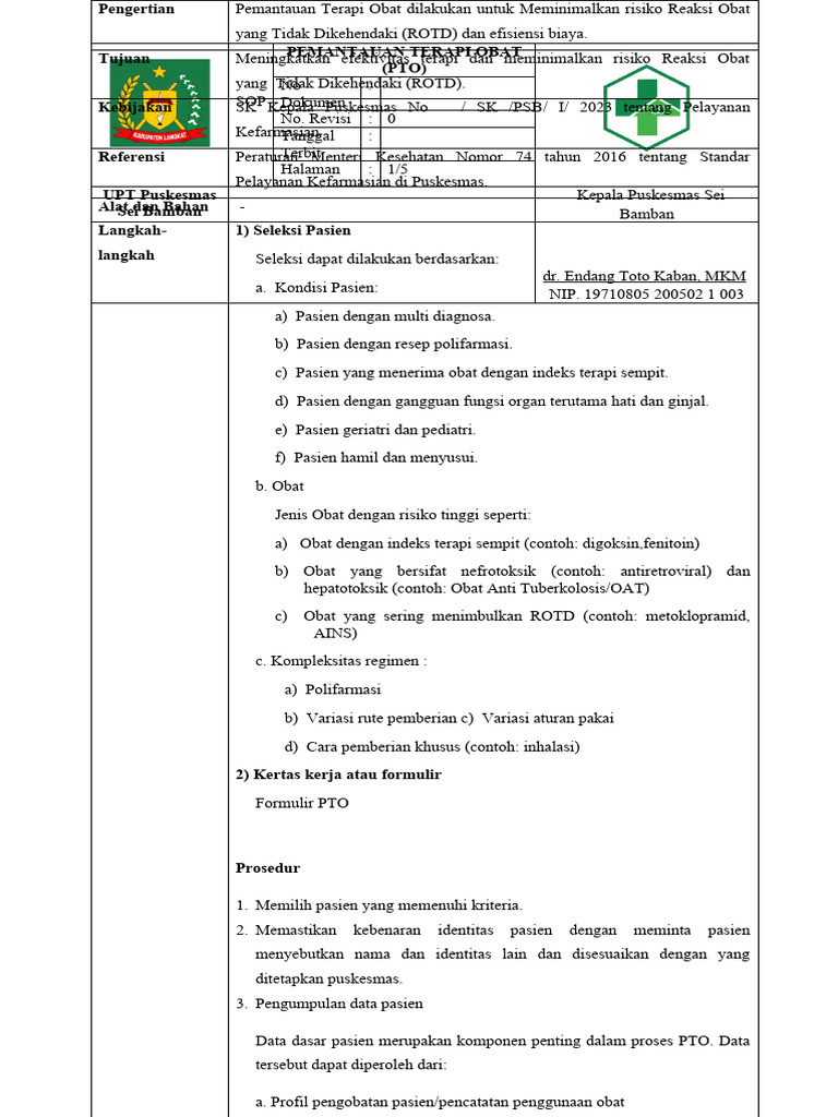 Farmasi Sop Pemantauan Terapi Obat (Pto) | PDF | Kesehatan Holistik