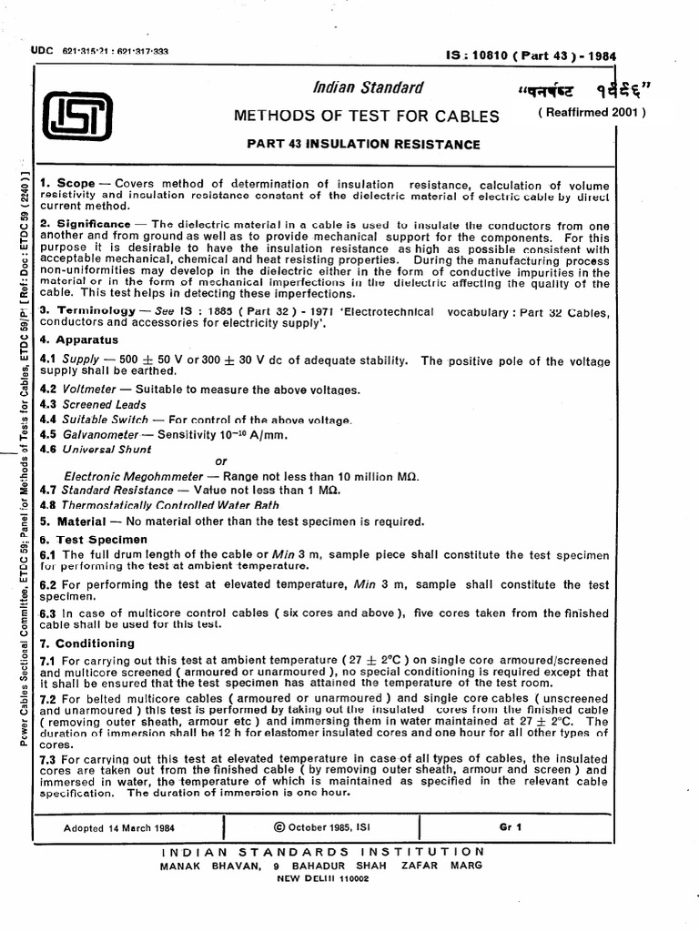 IS 10810 Part 43 IR For Cables | PDF | Insulator (Electricity) | Electrical Resistance And ...