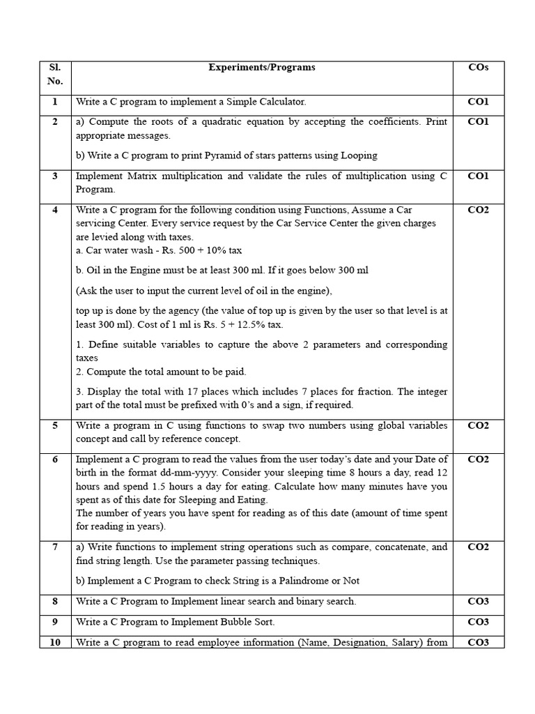 Sl. No. Experiments/Programs Cos | PDF | Quadratic Equation | Computer ...
