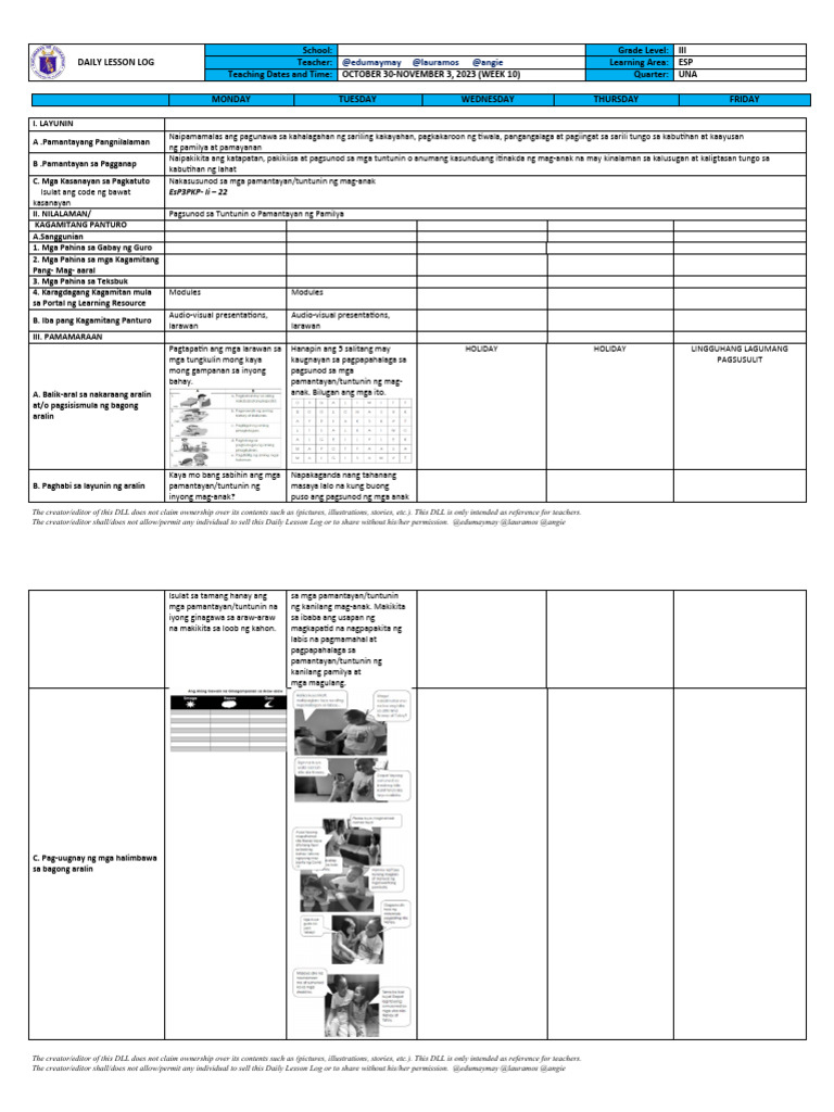 DLL - ESP 3 - Q1 - W10 - Pagsunod Sa Tuntunin o Pamantayan NG Pamilya ... DLL - ESP 3 - Q1 - W10 - Pagsunod Sa Tuntunin o Pamantayan NG Pamilya ...