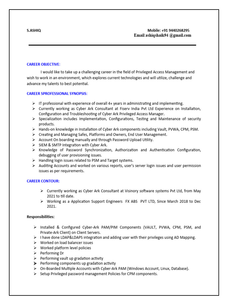 Ashik CyberArk CV | Download Free PDF | Microsoft Sql Server | Computer Engineering