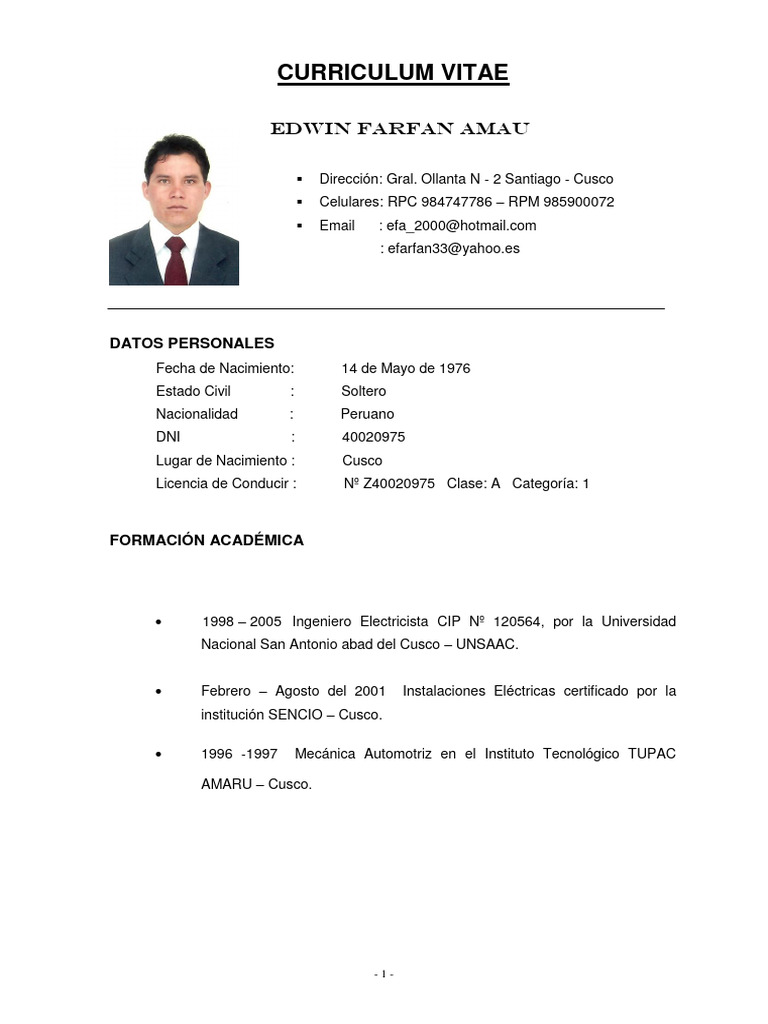 Curriculum Ing° Edwin Farfán Amau | PDF | Electricidad | Ingenieria Eléctrica