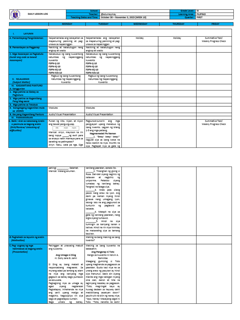 DLL Filipino3 Q1 W10 | PDF DLL Filipino3 Q1 W10 | PDF
