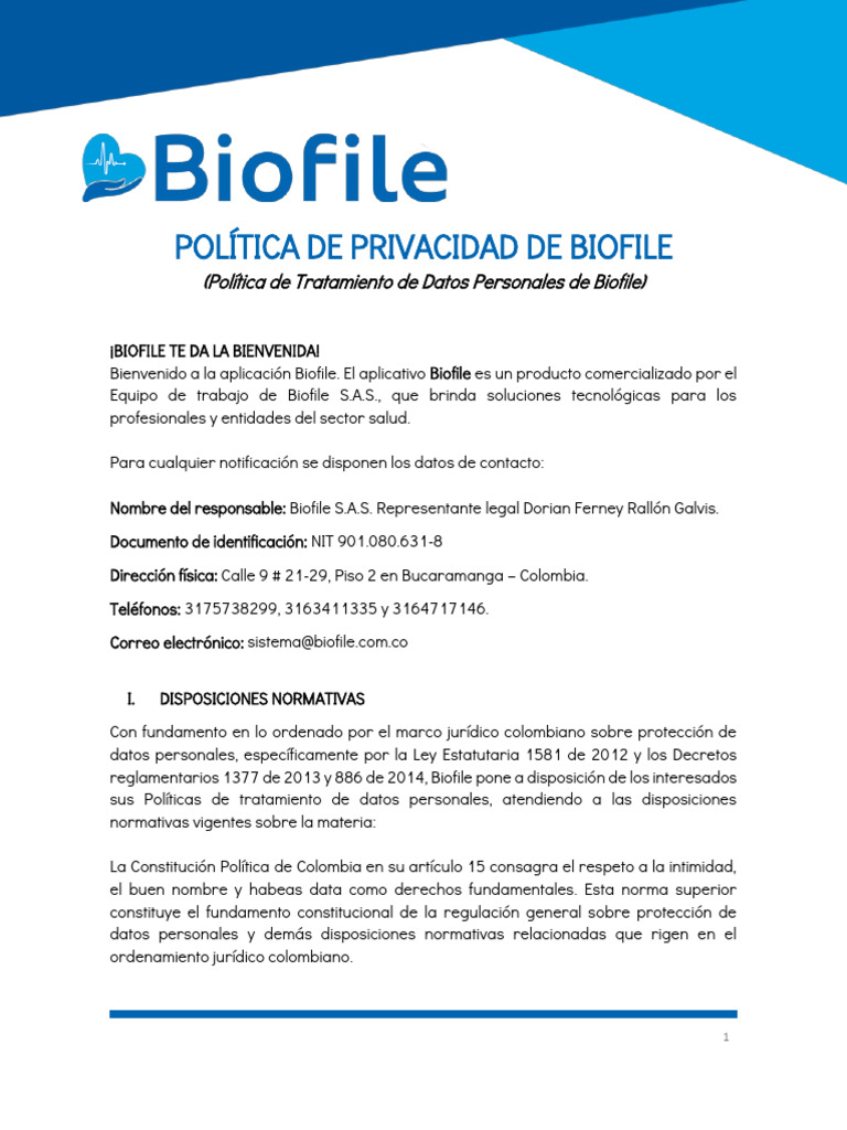 Política de Tratamiento de Datos Personales de Biofile | PDF | Historial médico | Usuario ...