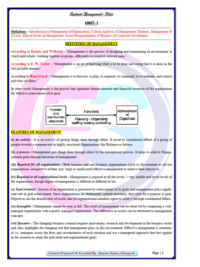 1st Sem BUSINESS MANAGEMENT-NOTES | PDF | Bureaucracy | Goal