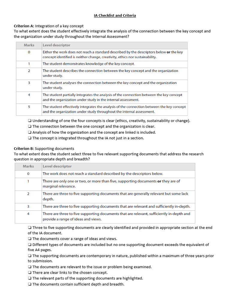 IA Checklist and Criteria | PDF | Evaluation | Concept