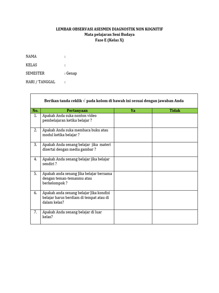 LEMBAR OBSERVASI ASESMEN DIAGNOSTIK NON KOGNITIF Prakarya Buku Unit 1 | PDF