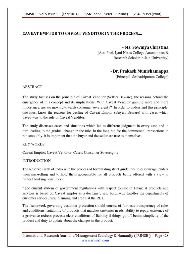 Caveat Emptor To Caveat Venditor in The | PDF