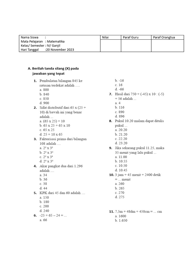 Soal Matematika Kelas 4 | PDF