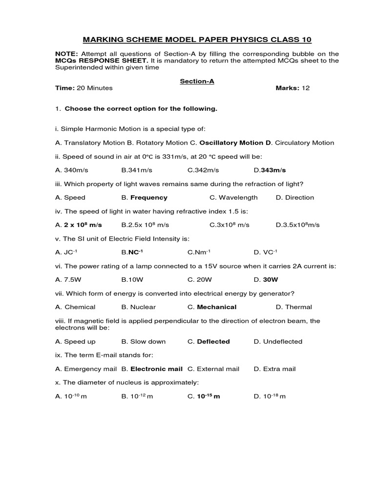 Class 10 Physics Marking Scheme | PDF | Pendulum | Electromagnetic ...