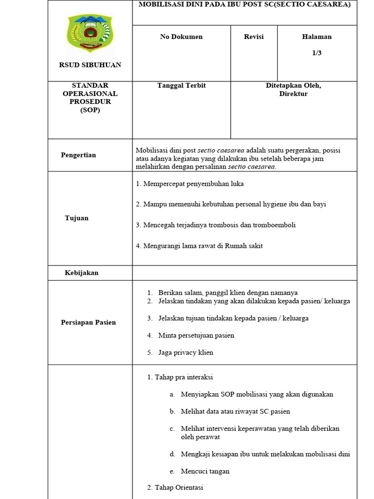 Sop Mobilisasi Dini Post SC | PDF