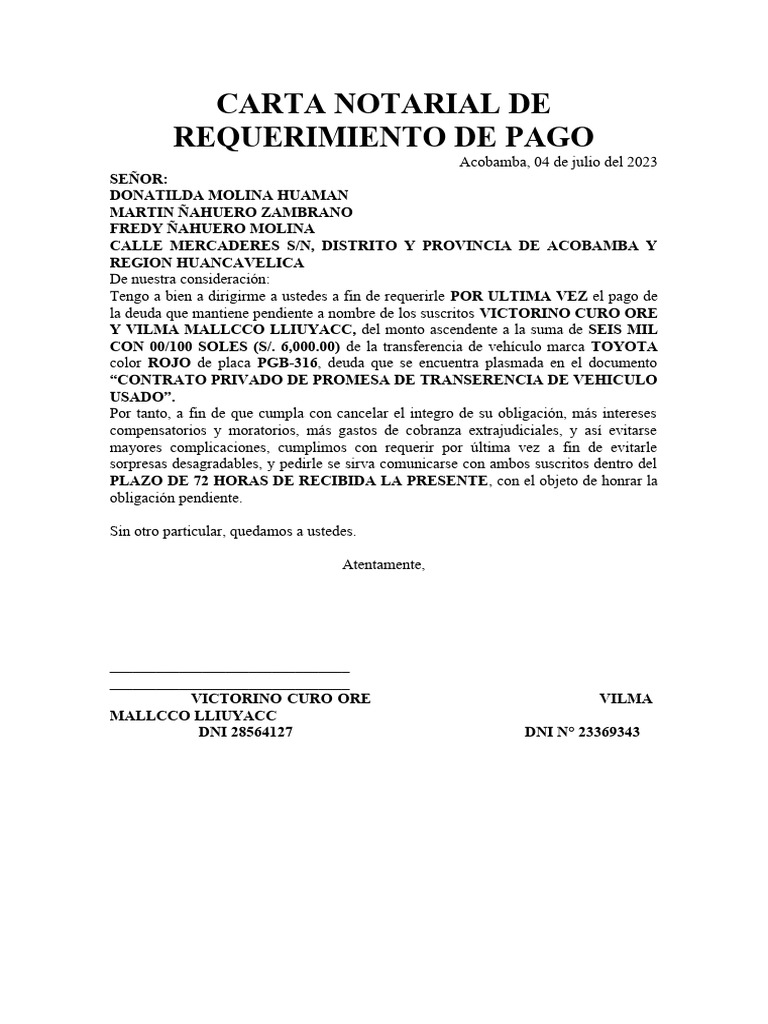 Carta Notarial de Requerimiento de Pago | PDF