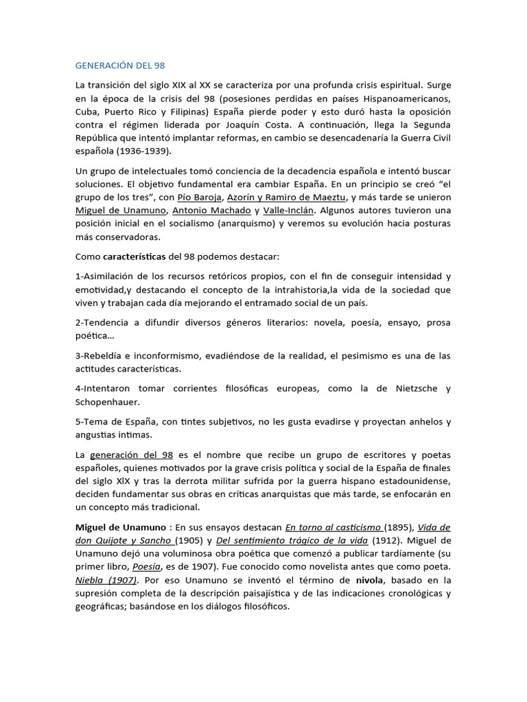Generación Del 98 Literatura Definitivo | PDF