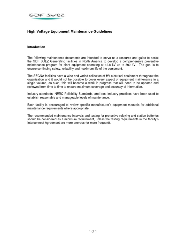 HV Equipment Maintenance Guidelines - Rev 0 | PDF | Transformer ...