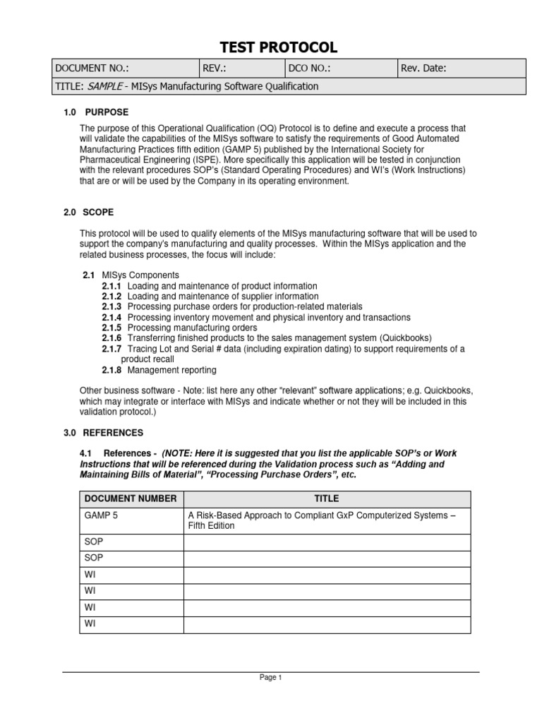 MISys Manufacturing Software Qualification - Example Document by JC3 ...