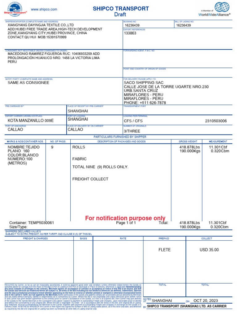 Shipco Transport Bill of Lading Details | PDF | Bill Of Lading | Common ...