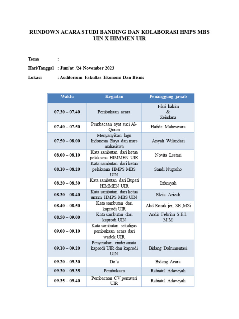 Rundown Acara Studi Banding Dan Kolaborasi HMPS MBS Uin X Himmen Uir | PDF