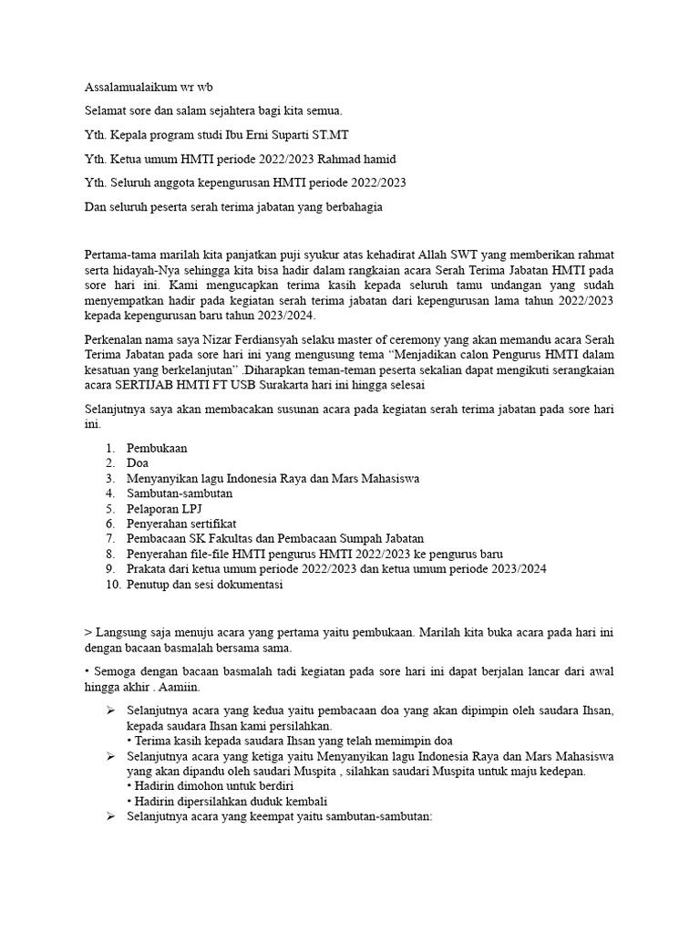 Teks MC Kegiatan Pelatihan Software 2023 | PDF | Perjalanan