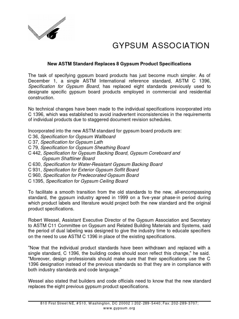 ASTM C1396 Supercedes 8 Gypsum Standards | PDF | Drywall ...