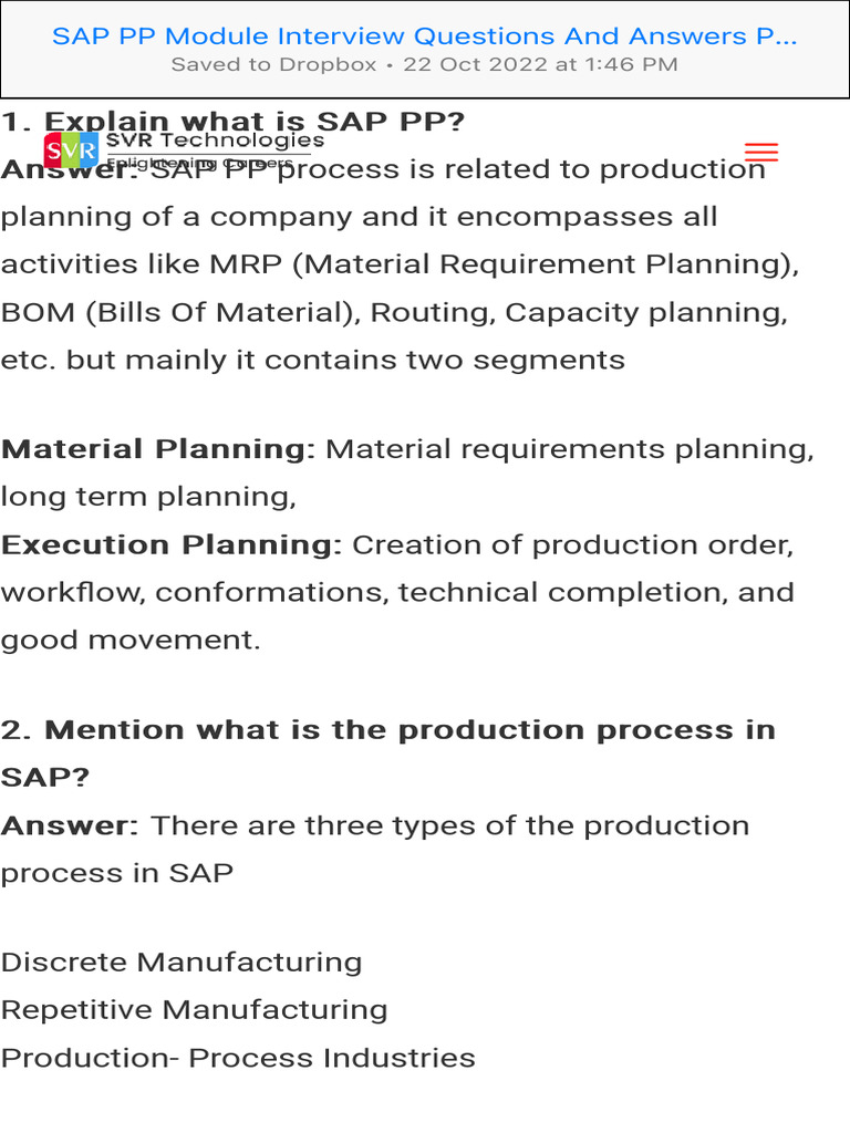 SAP PP Module Interview Questions and Answers PDF SVR Technologies ... SAP PP Module Interview Questions and Answers PDF SVR Technologies ...