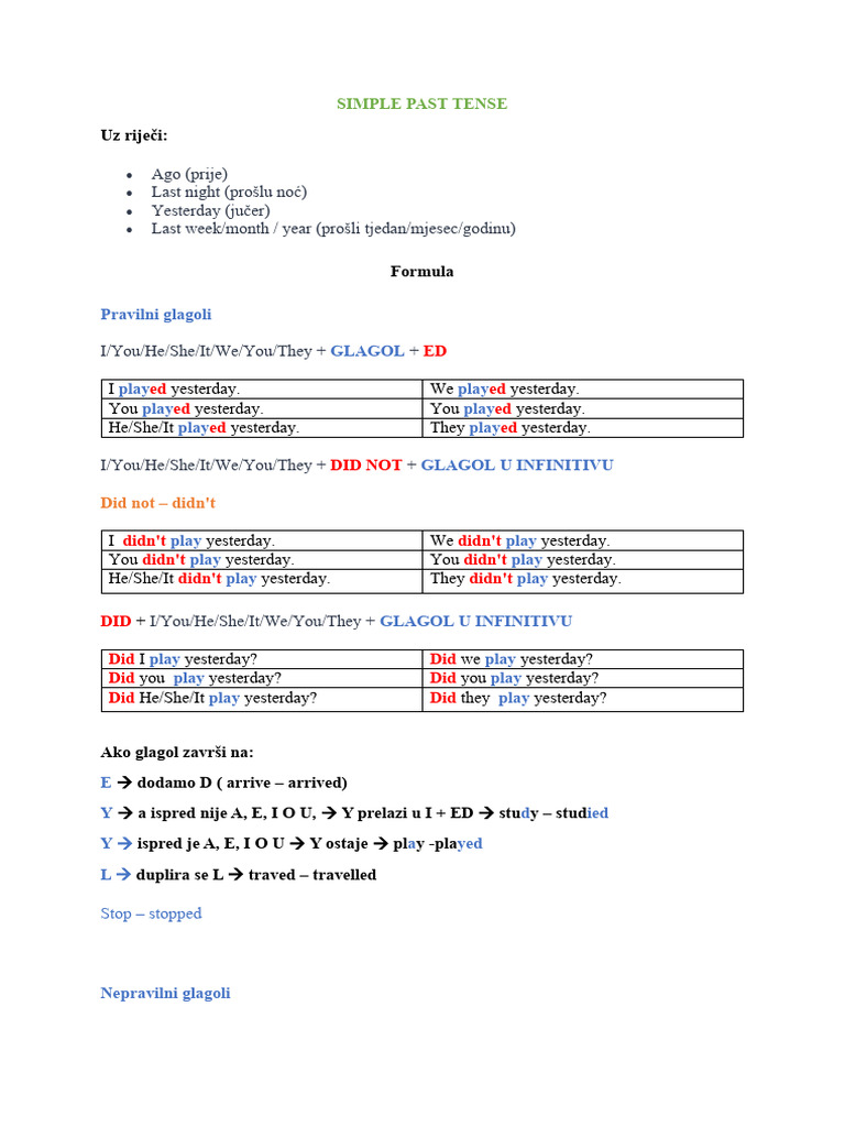 Simple Past Tense - Formula | PDF