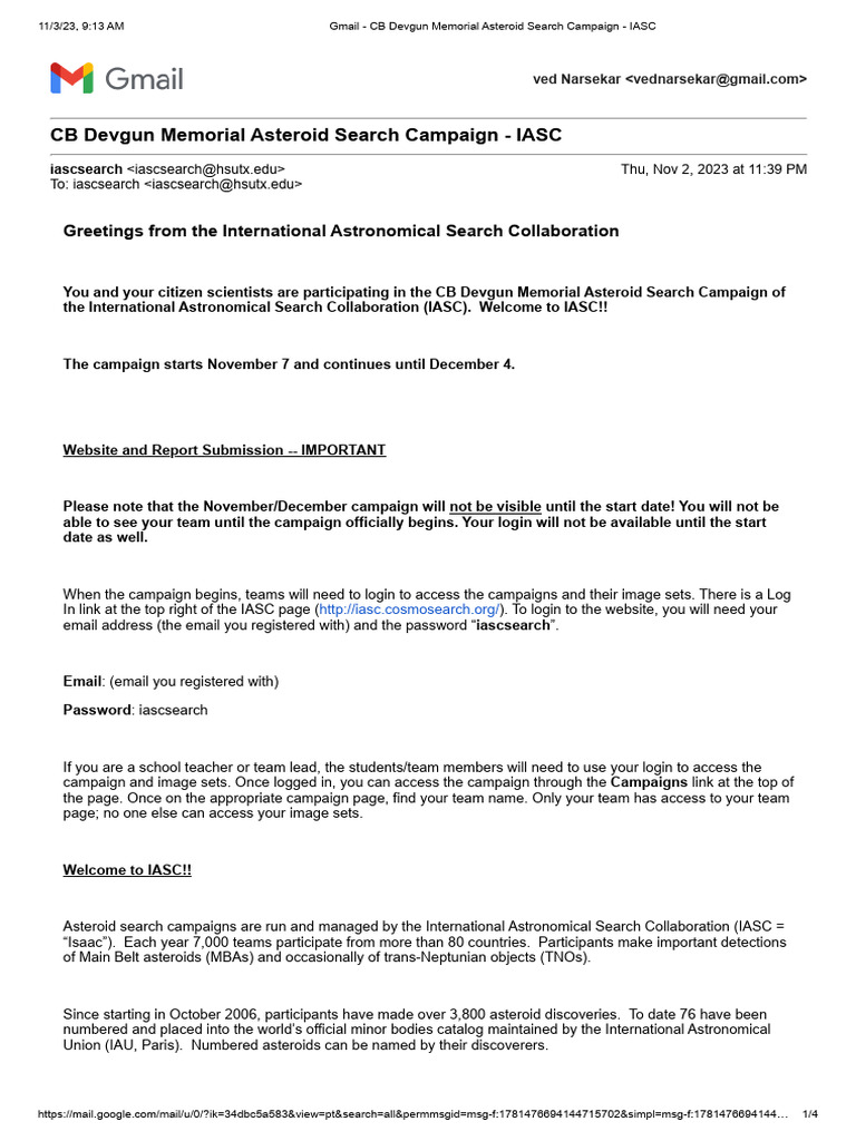 Gmail - CB Devgun Memorial Asteroid Search Campaign - IASC | PDF | Login | Solar System
