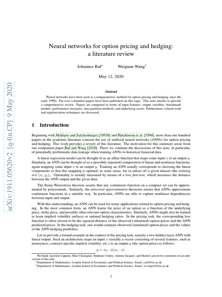 Neural Networks For Option Pricing and Hedging: A Literature Review | PDF | Option (Finance ...