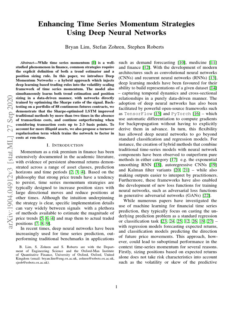 Enhancing Time Series Momentum Strategies Using Deep Neural Networks | PDF | Time Series | Deep ...
