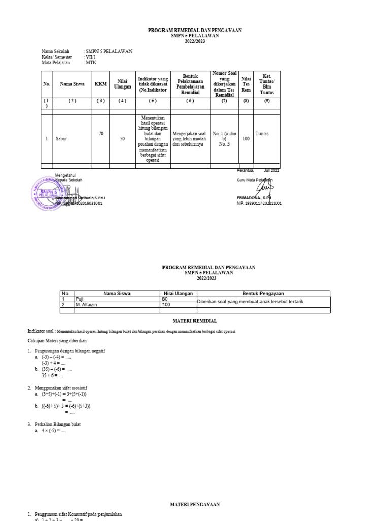 Program Remedial Dan Pengayaan Kelas 7 | PDF