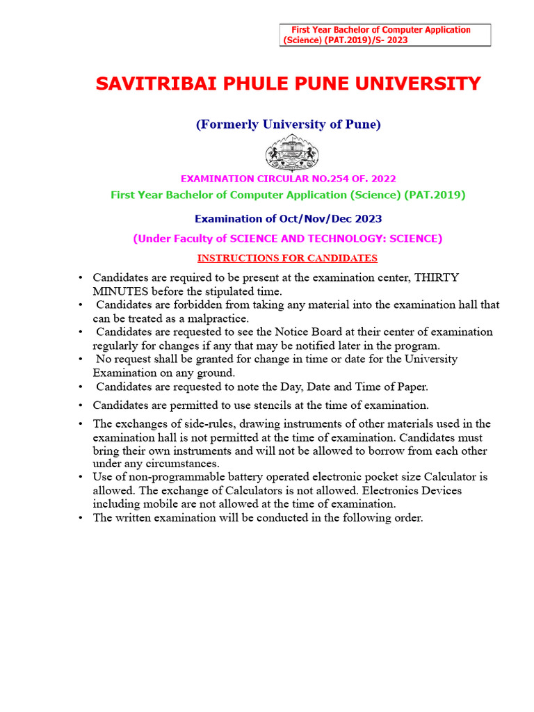 FY BCA (Science) NOV 2023 Timetable | PDF